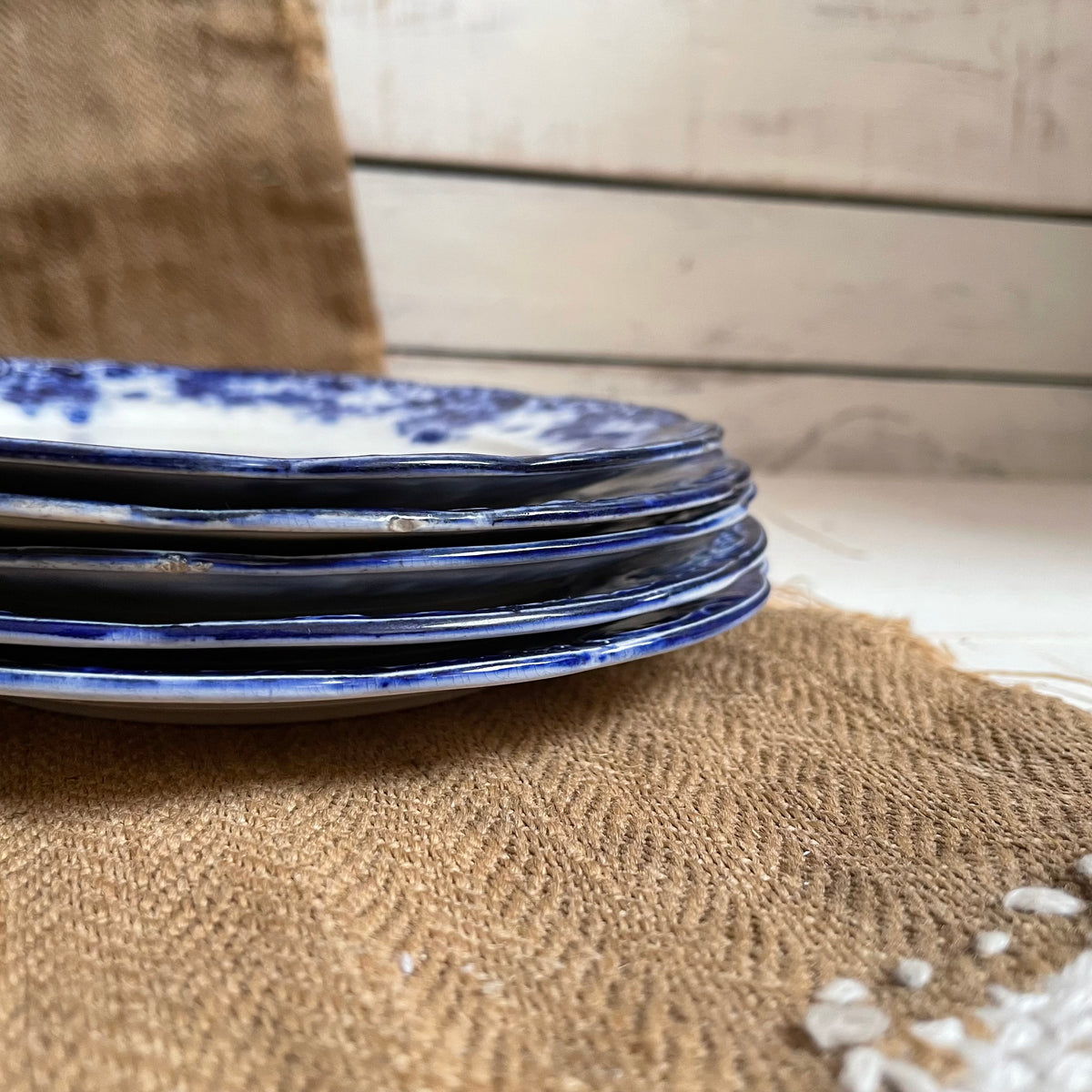 Five French Floral Blue Rimmed Plates – No.4 Vintage